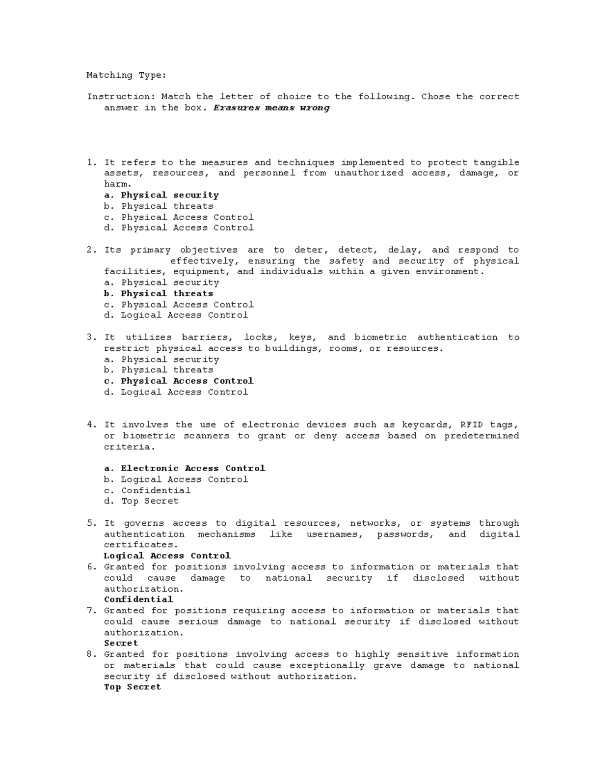 Questions and answer - students' assessment - Matching Type ...