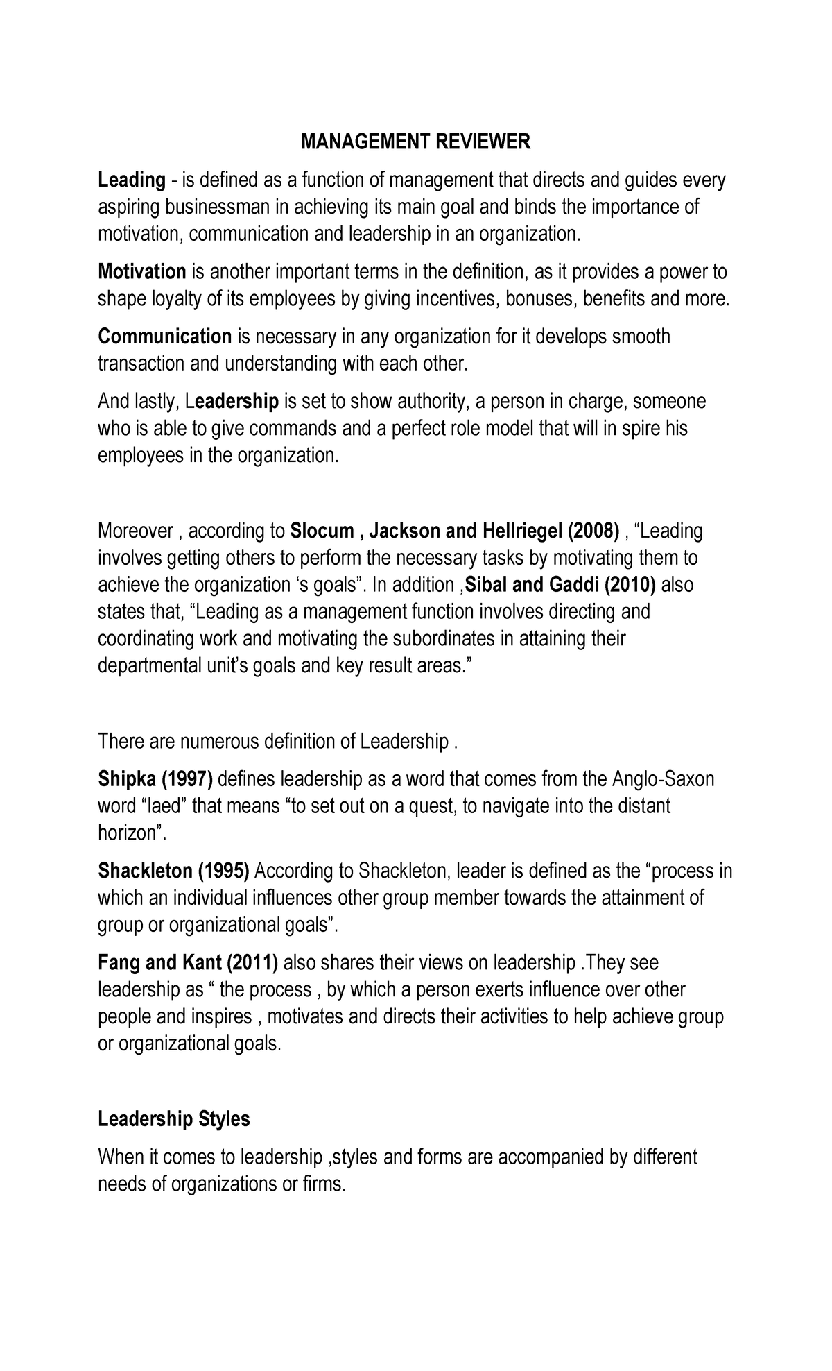 Management- Reviewer - MANAGEMENT REVIEWER Leading - is defined as a ...