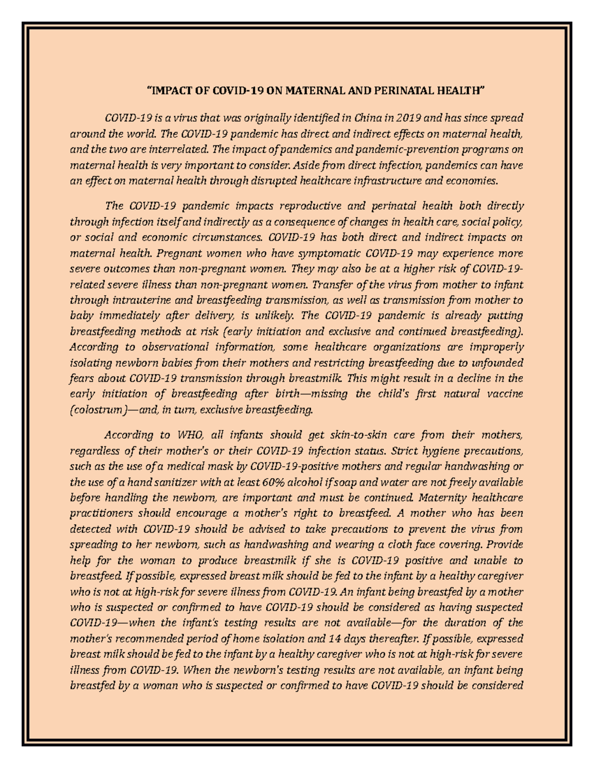 Reflection Paper in MCHN - “IMPACT OF COVID-19 ON MATERNAL AND ...