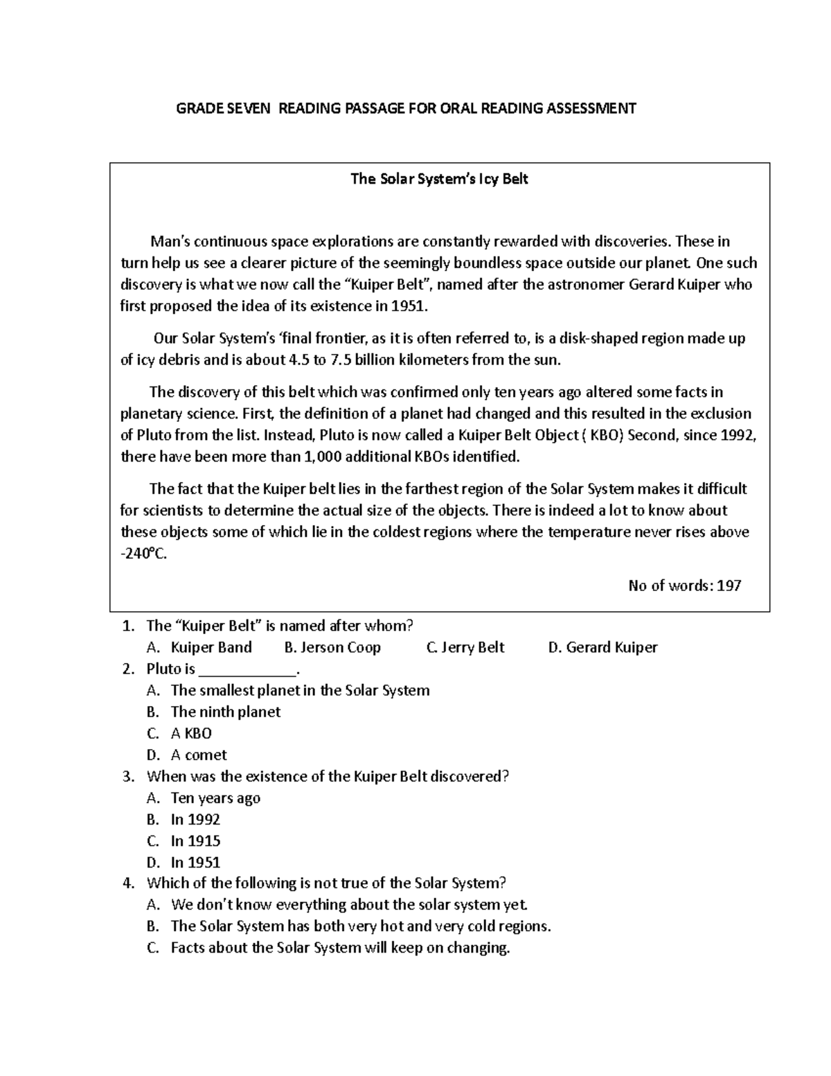 Grade 7 This Is Just A Sample Materials GRADE SEVEN READING PASSAGE