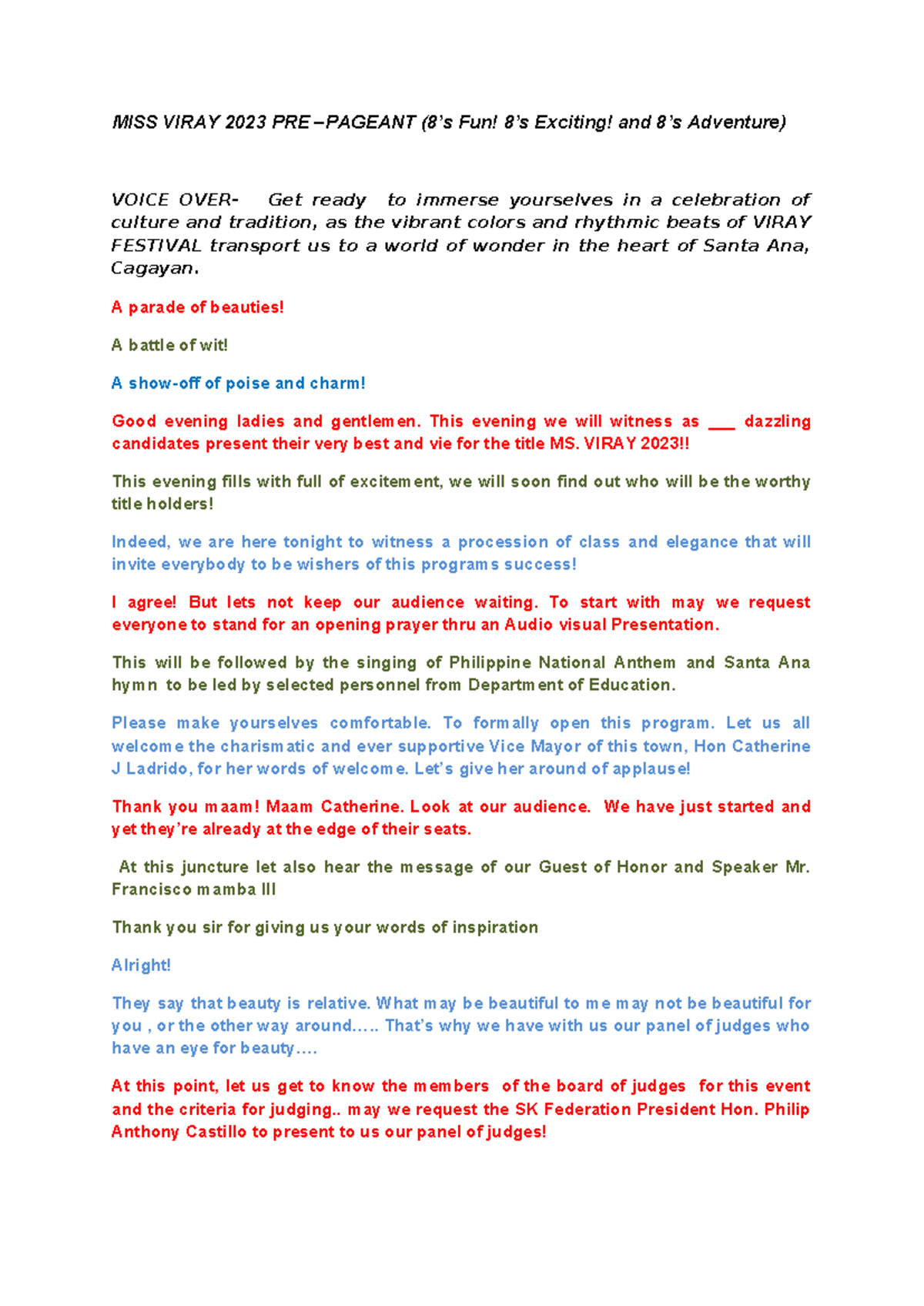 MISS Viray 2023 script - MISS VIRAY 2023 PRE –PAGEANT (8’s Fun! 8’s ...
