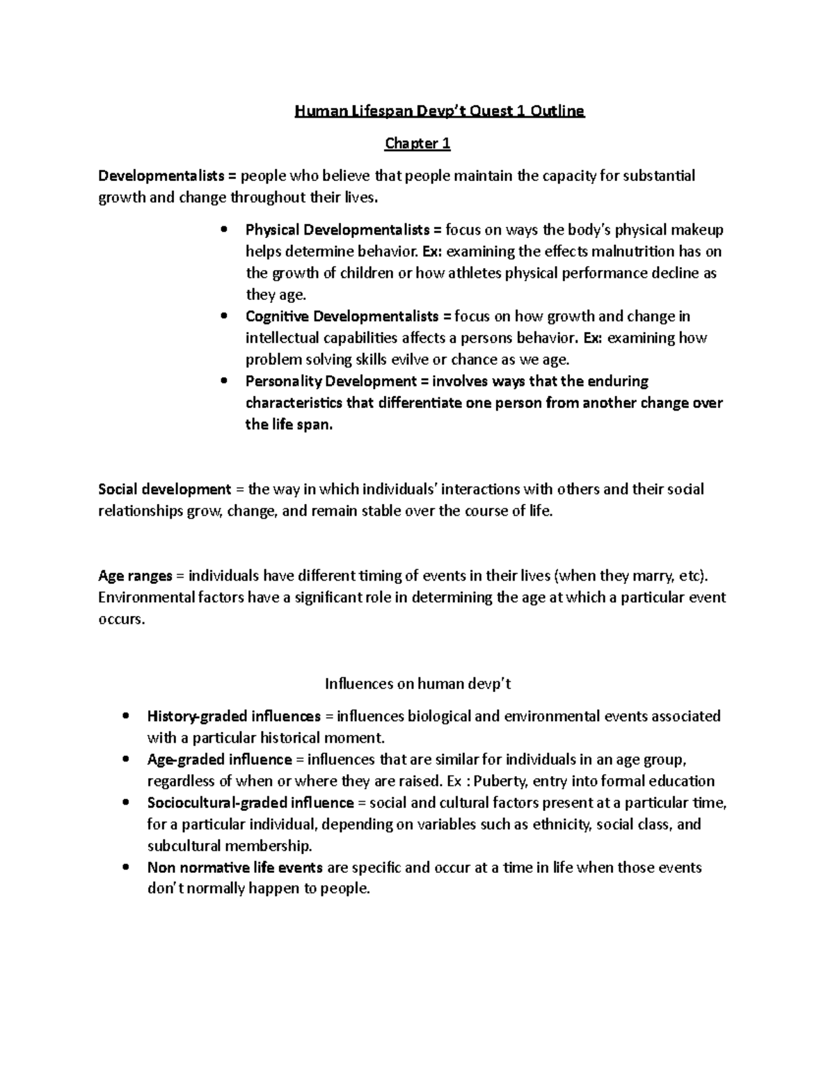 Humandevptoutline - Outline for Professor Shifleys exam - Human ...