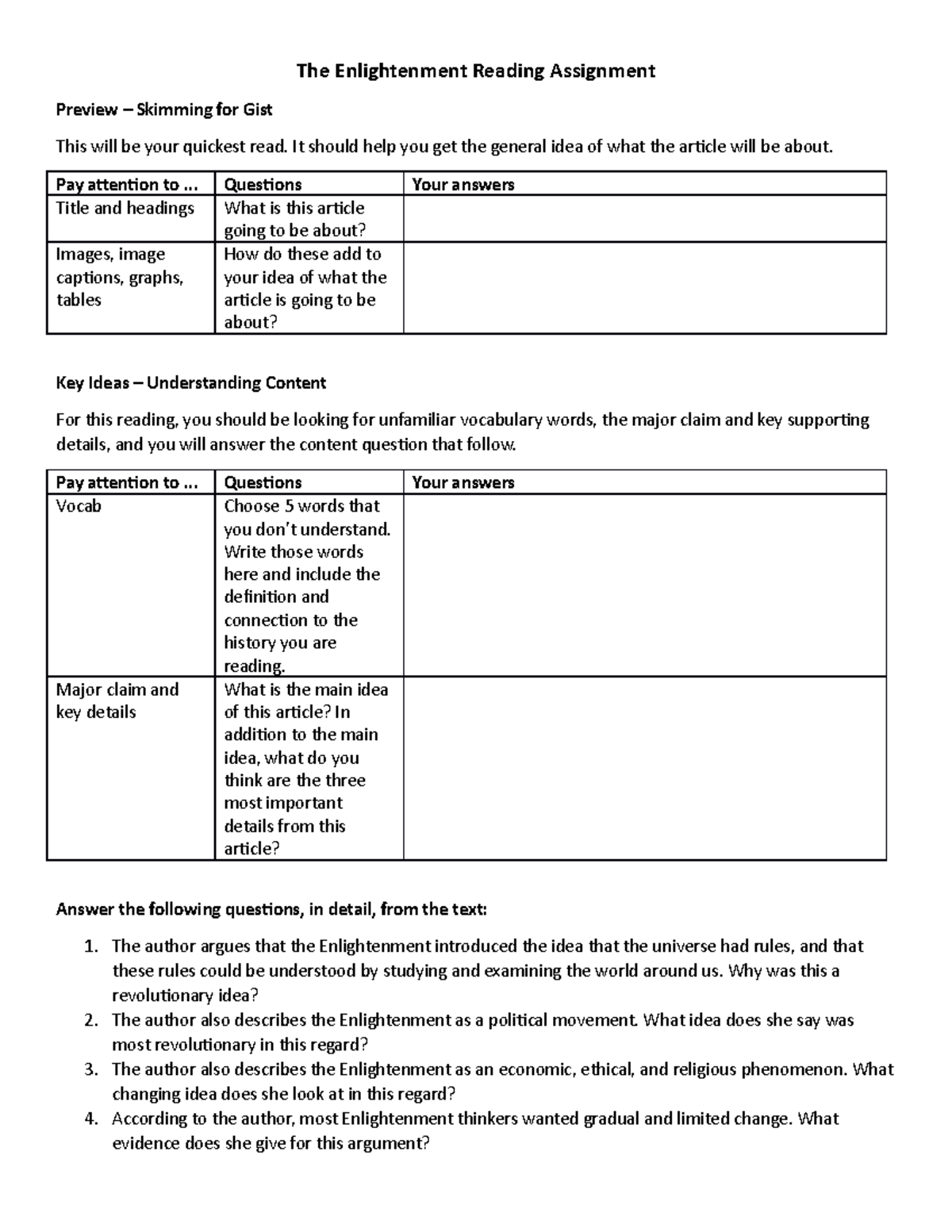 The Enlightenment Reading Assignment - The Enlightenment Reading ...
