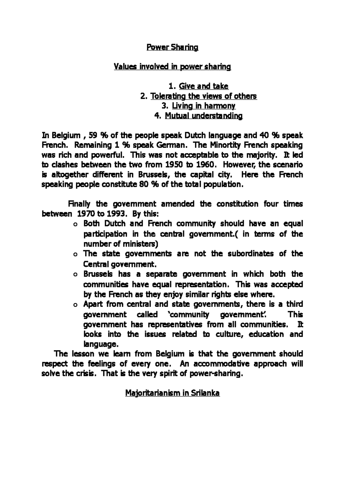 Chapter summary - notes - Power Sharing Values involved in power ...