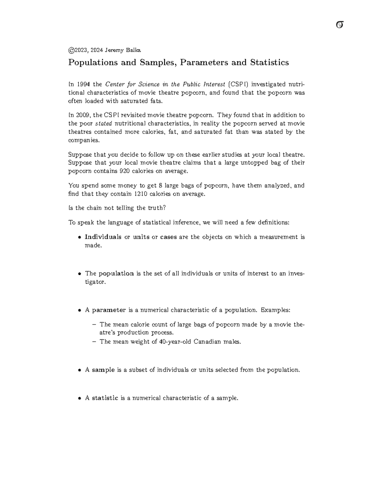 Jb ise gatheringdata before - ©2023, 2024 Jeremy Balka Populations and Samples, Parameters and ...