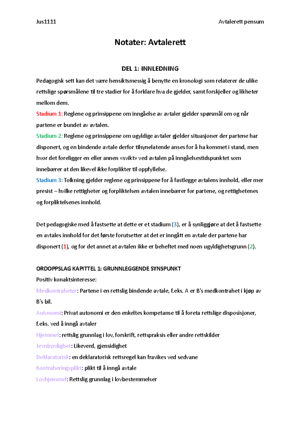 Avtalerett pensum (Notater for hele Avtalerett pensumbok av Woxholth) - Notater: Avtaleret DEL 1 ...