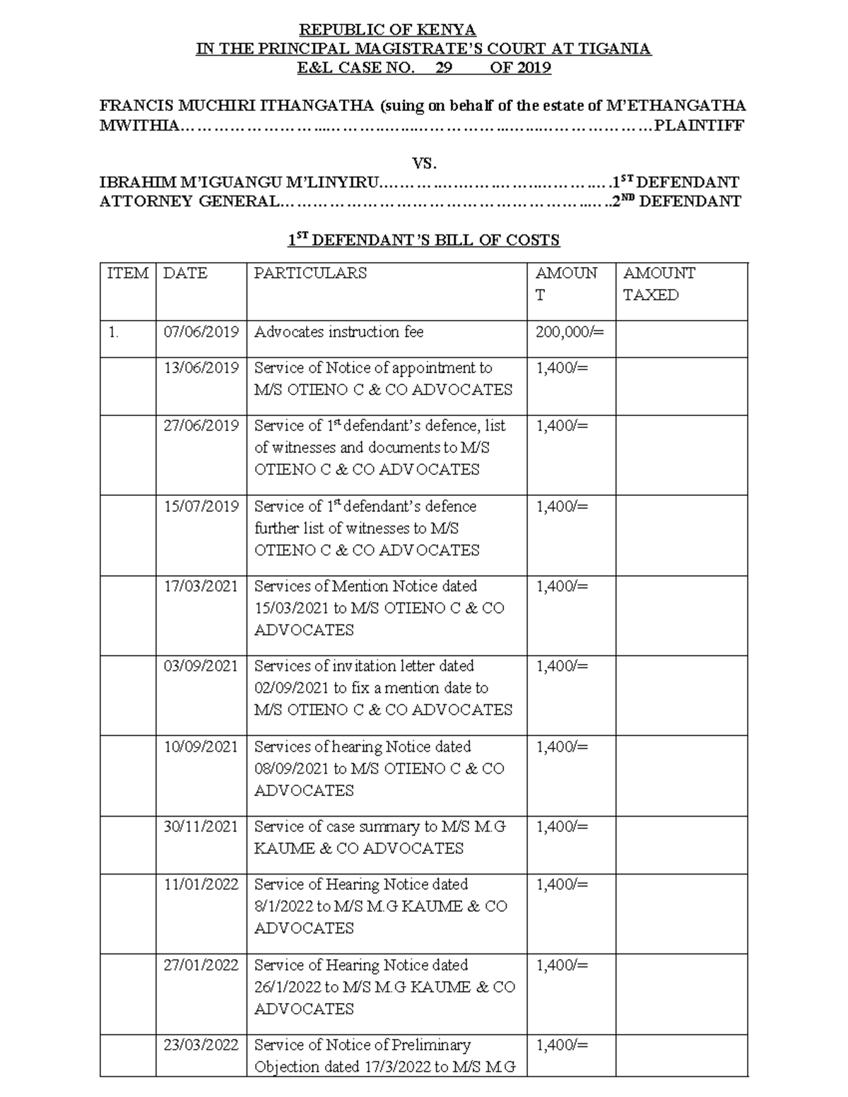 Ibrahim M' Iguangu M' Linyiru BILL OF Costs - REPUBLIC OF KENYA IN THE ...