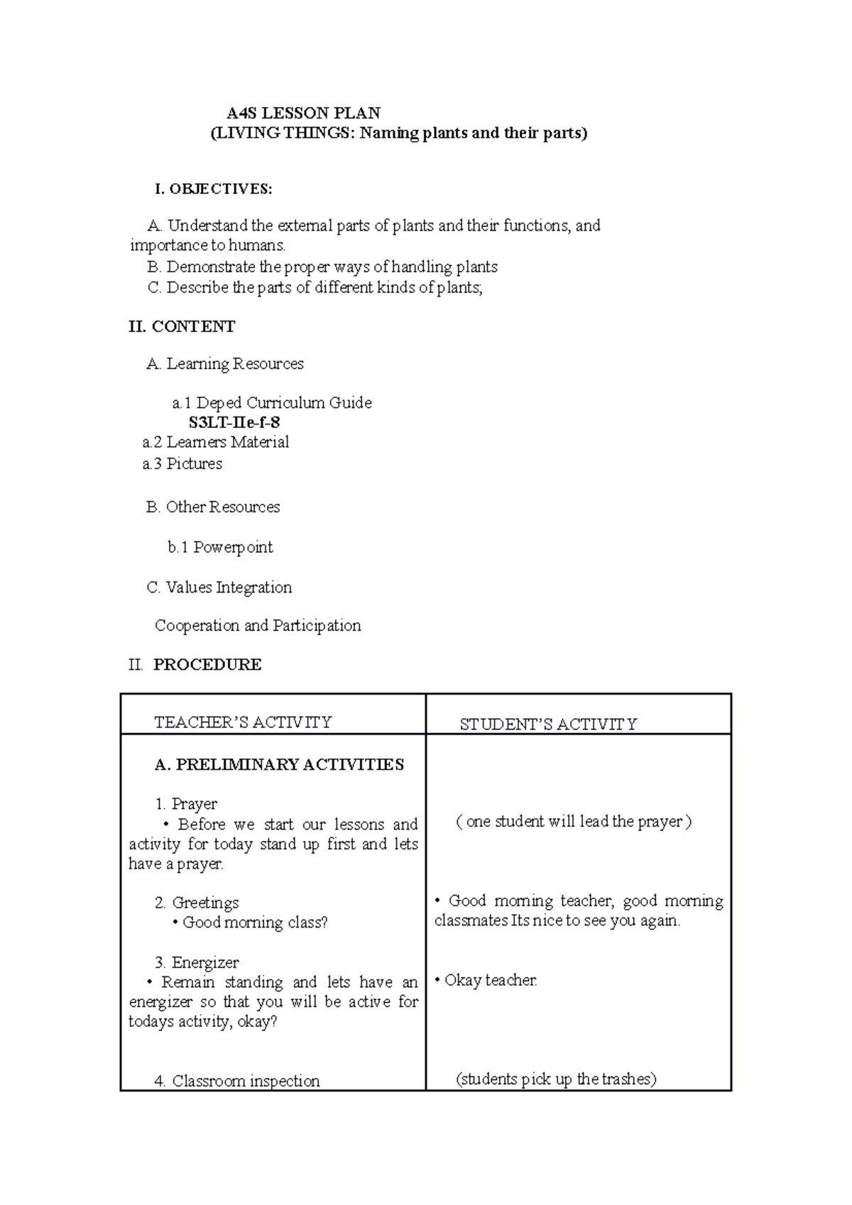 A4S Lesson PLAN - A4S LESSON PLAN (LIVING THINGS: Naming plants and ...