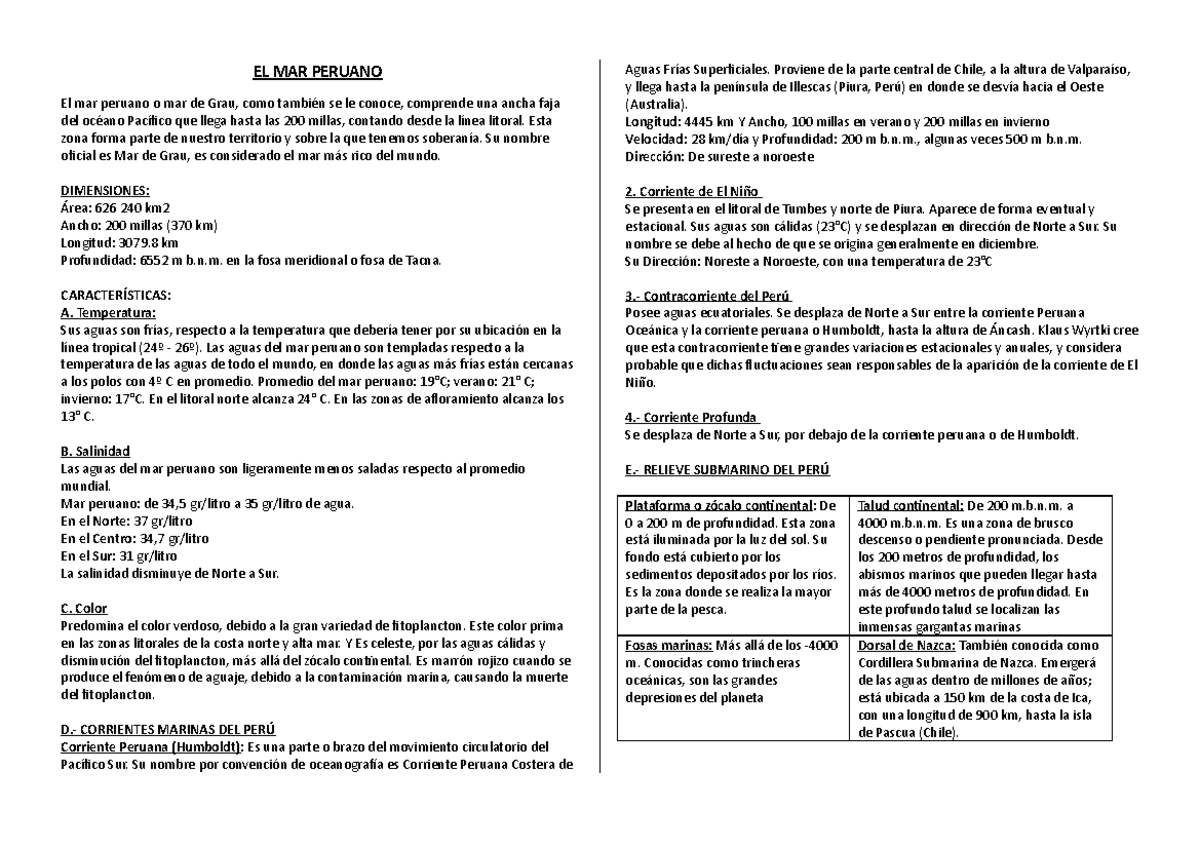 EL MAR Peruano clses 4to sec - EL MAR PERUANO El mar peruano o mar de ...