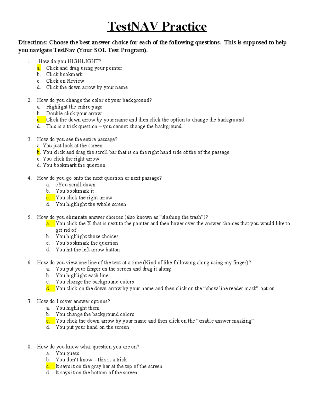 Copy of Test NAV Practice - TestNAV Practice Directions: Choose the ...