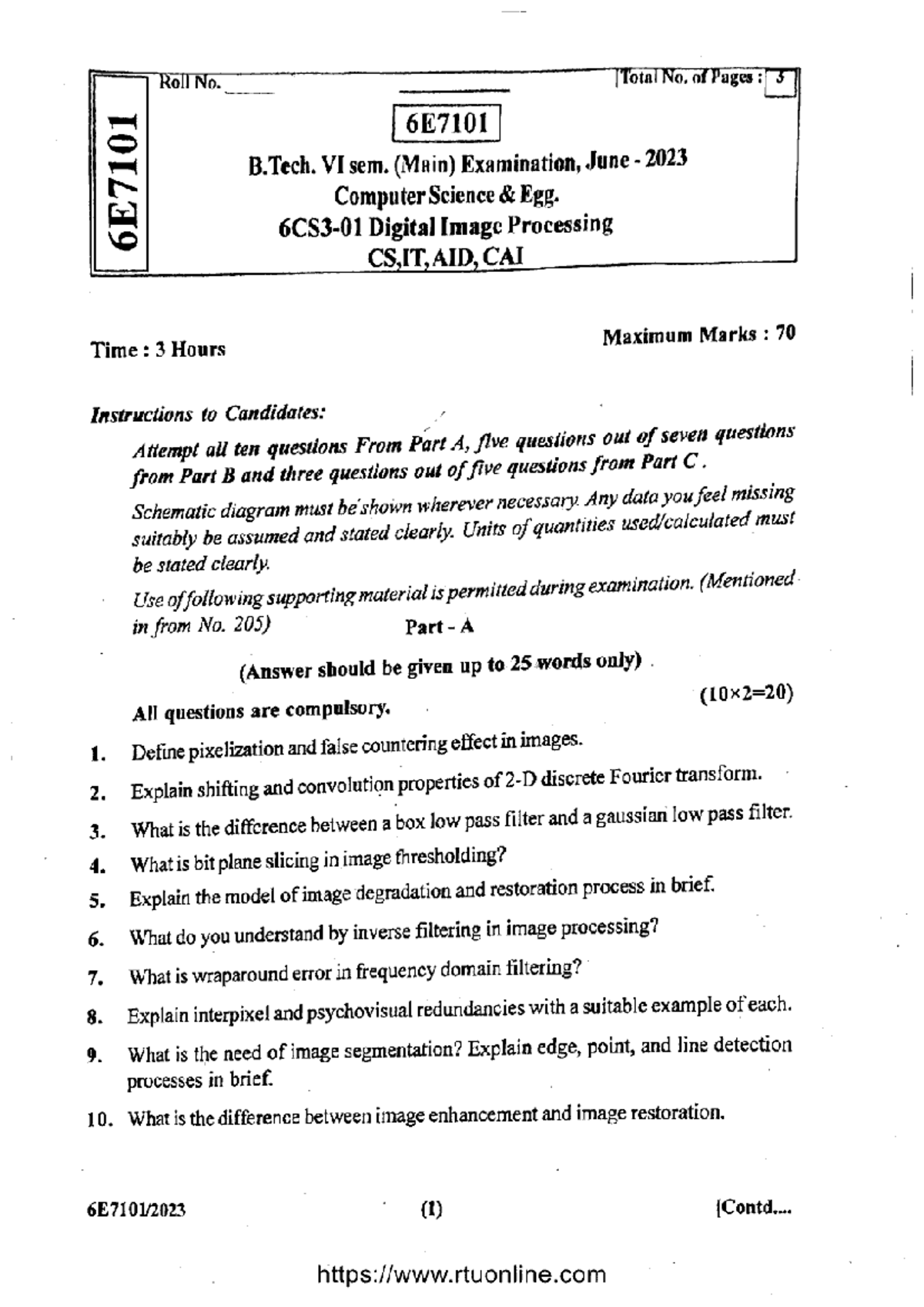 Dip - notes - Roll No. Total No. of Pages : 3 6E7101 B. VI sem. (Main ...