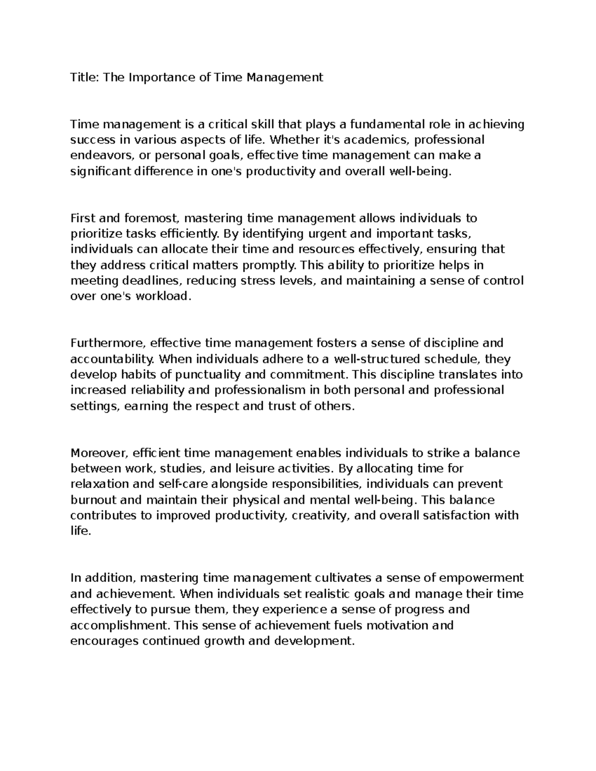 The importance of time essay - Title: The Importance of Time Management ...