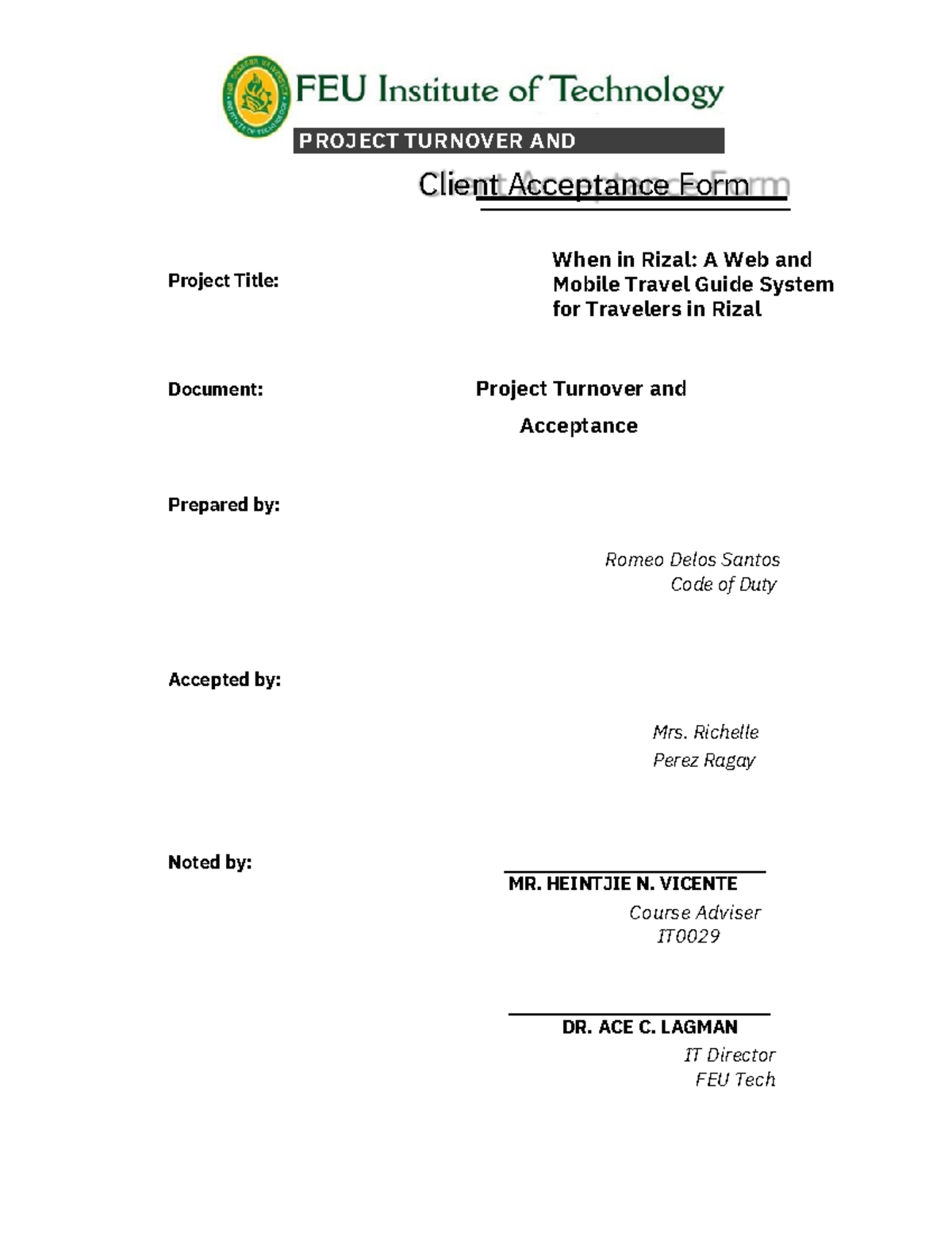 Client Acceptance Form signed - Accounting - Noted by: Document ...