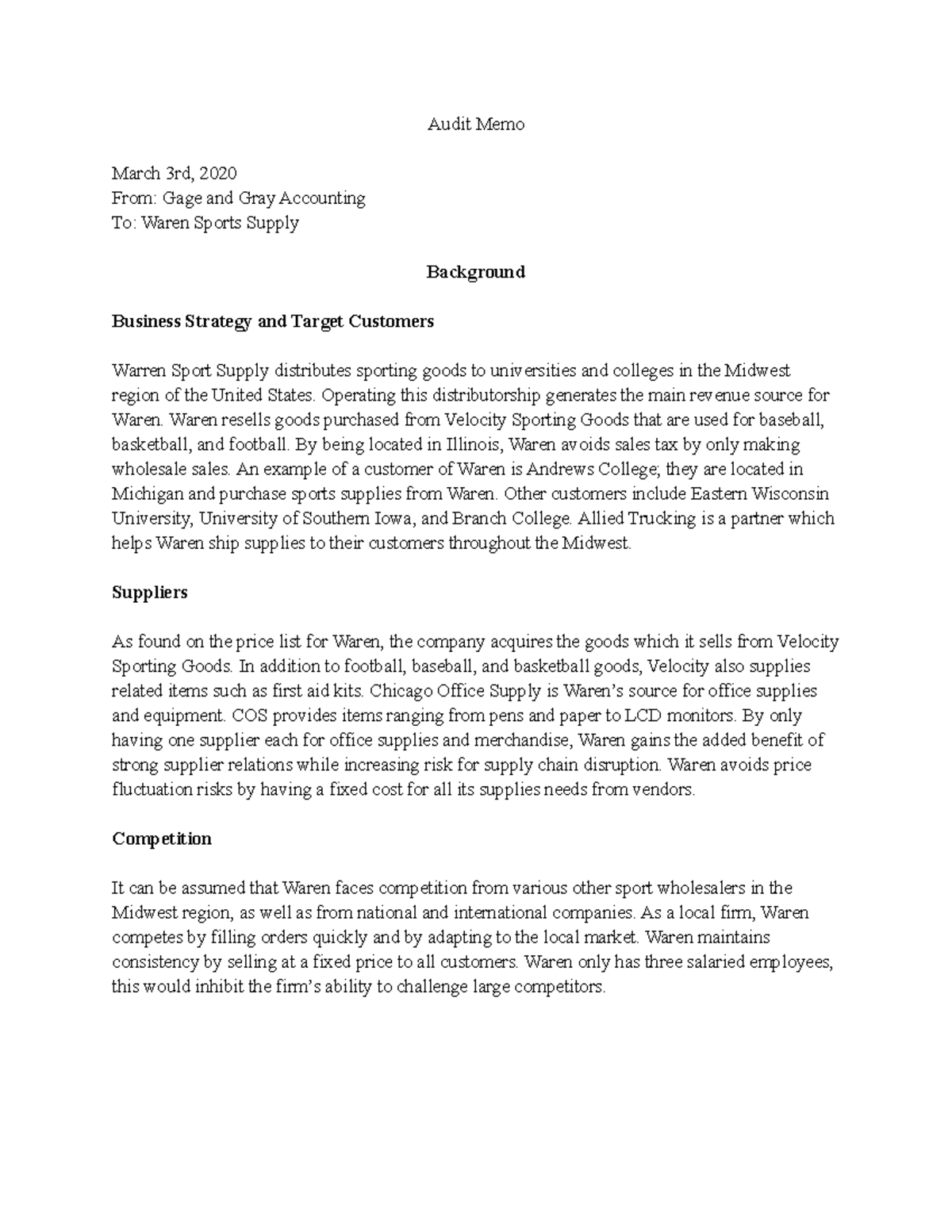 Audit Memo Final - ACCT 4543 - University of Oklahoma - Studocu