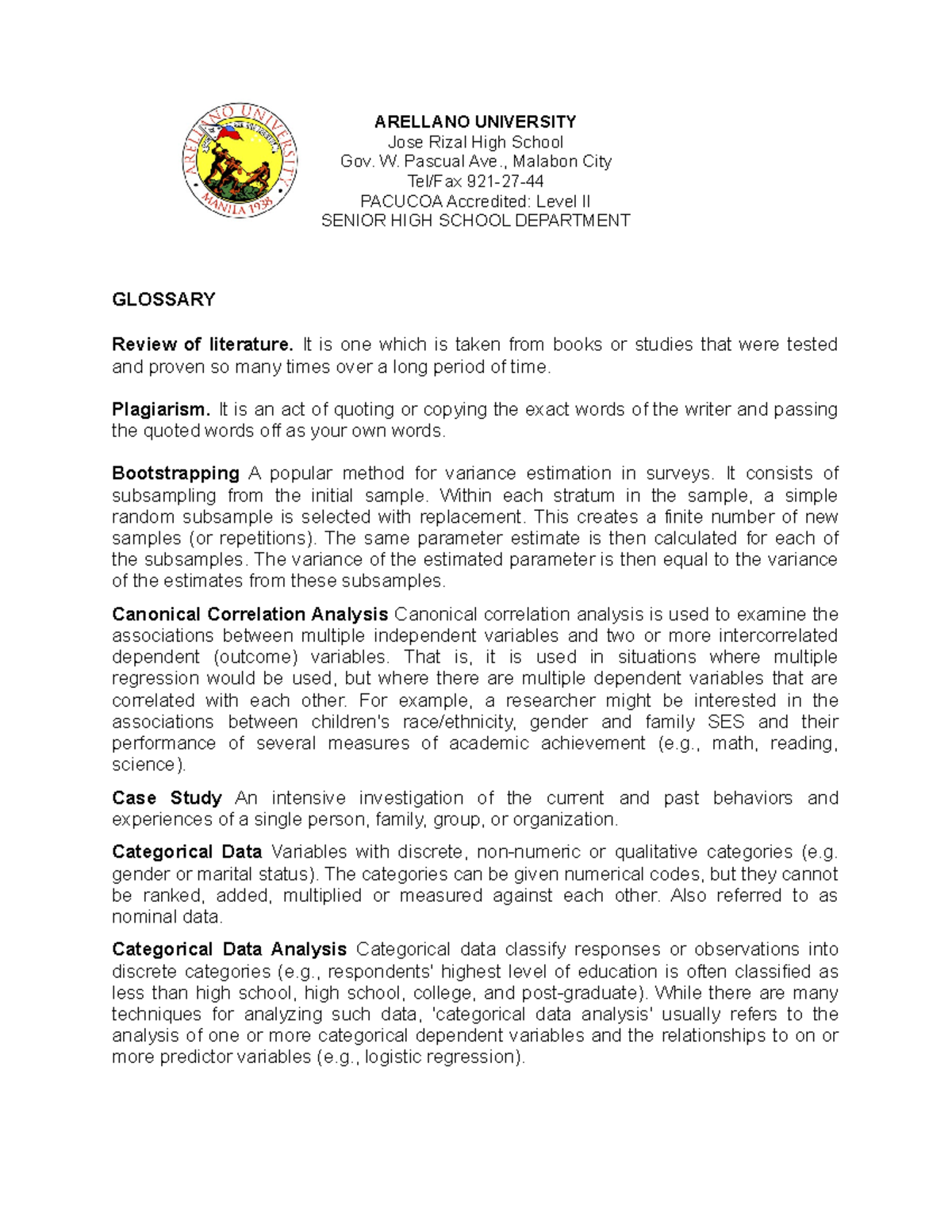 PR1-Reviewer - essayy - ARELLANO UNIVERSITY Jose Rizal High School Gov ...