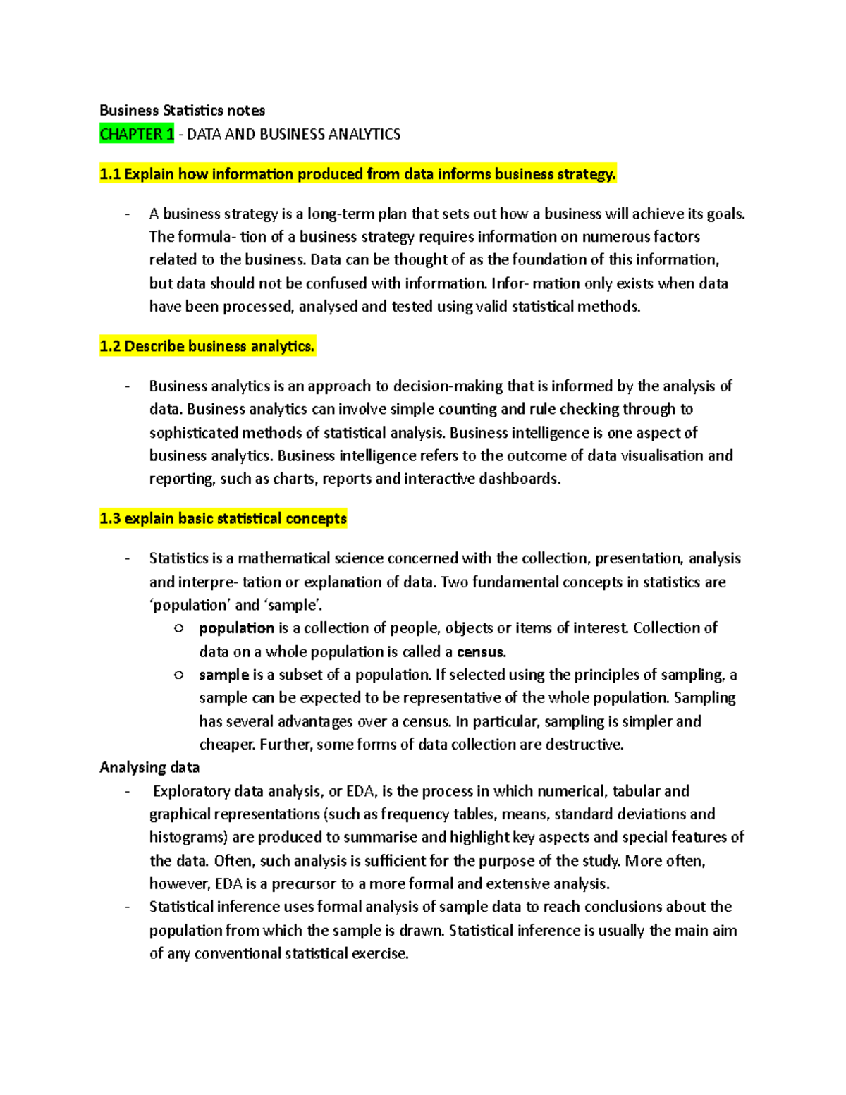 Business Statistics notes - Business Statistics notes CHAPTER 1 - DATA ...