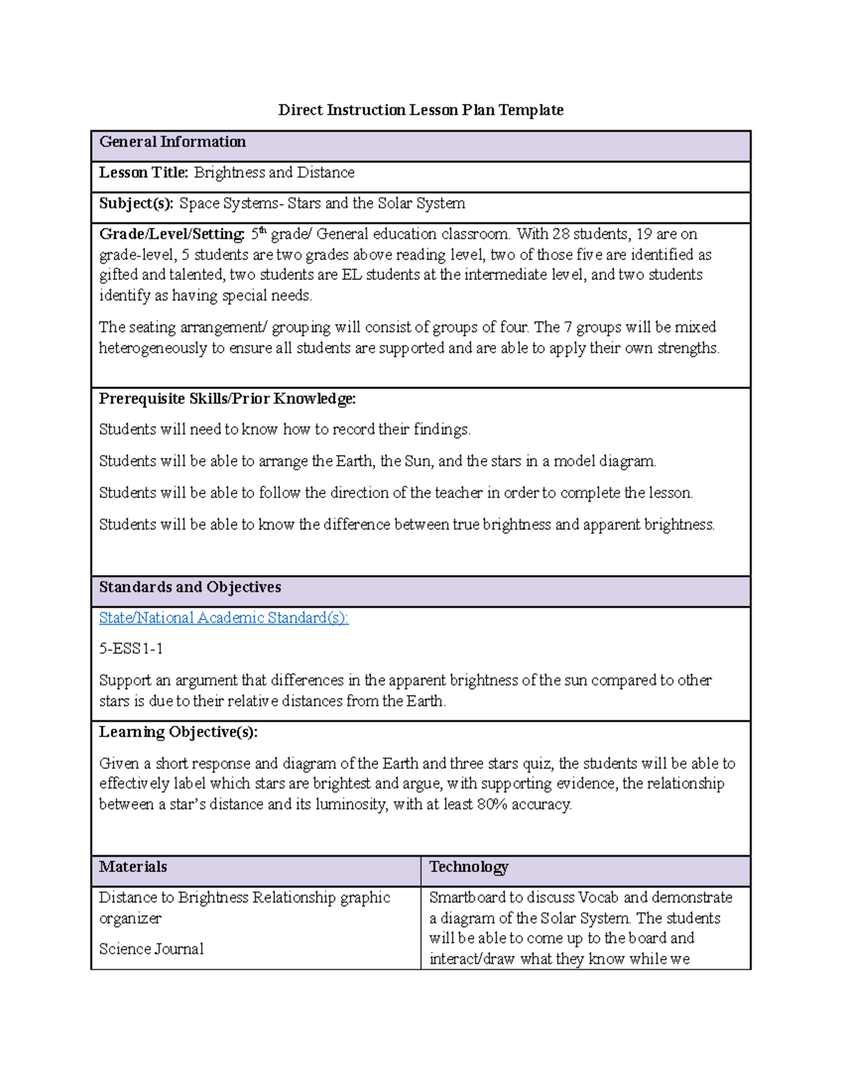 Direct Instruction Lesson Plan Template - Brightness and Distance - Studocu