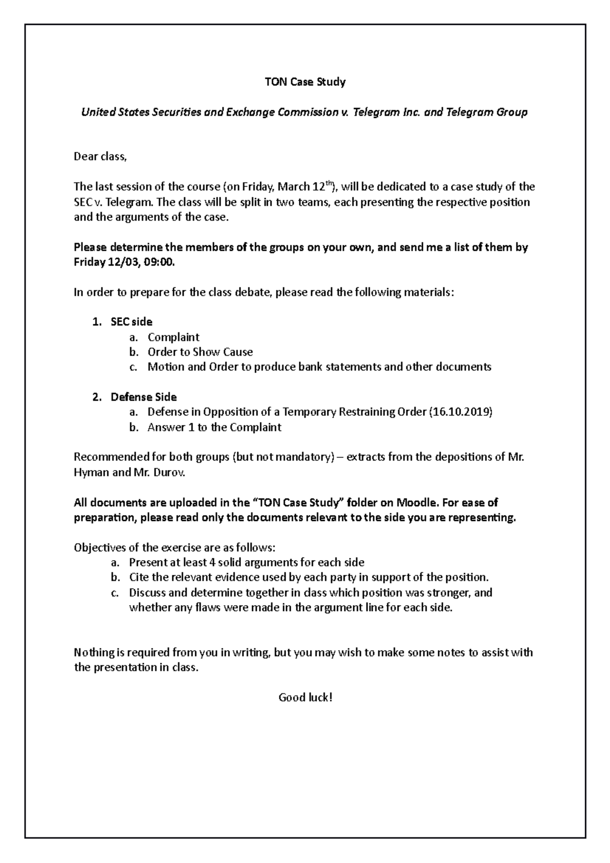 TON Case Study description - TON Case Study United States Securities ...