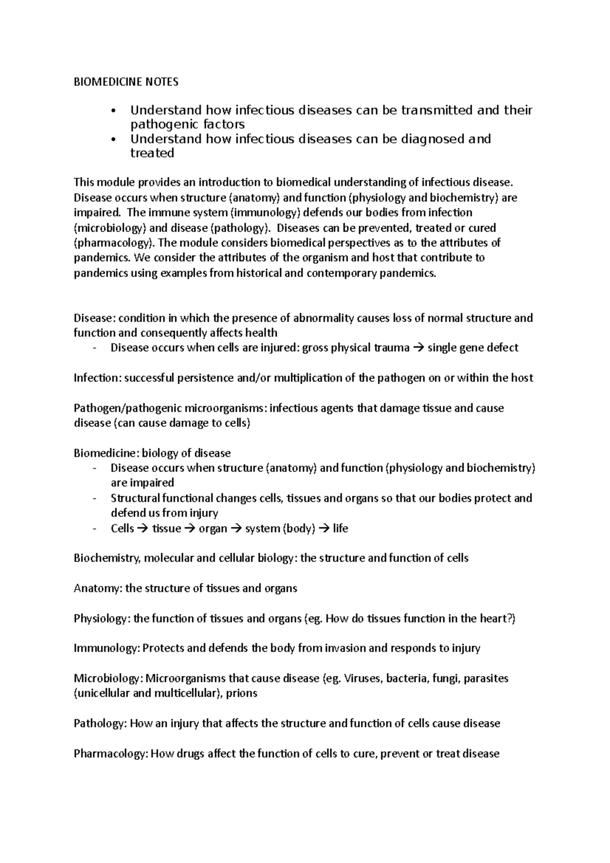 Biomedicine Notes - BIOMEDICINE NOTES Understand how infectious ...