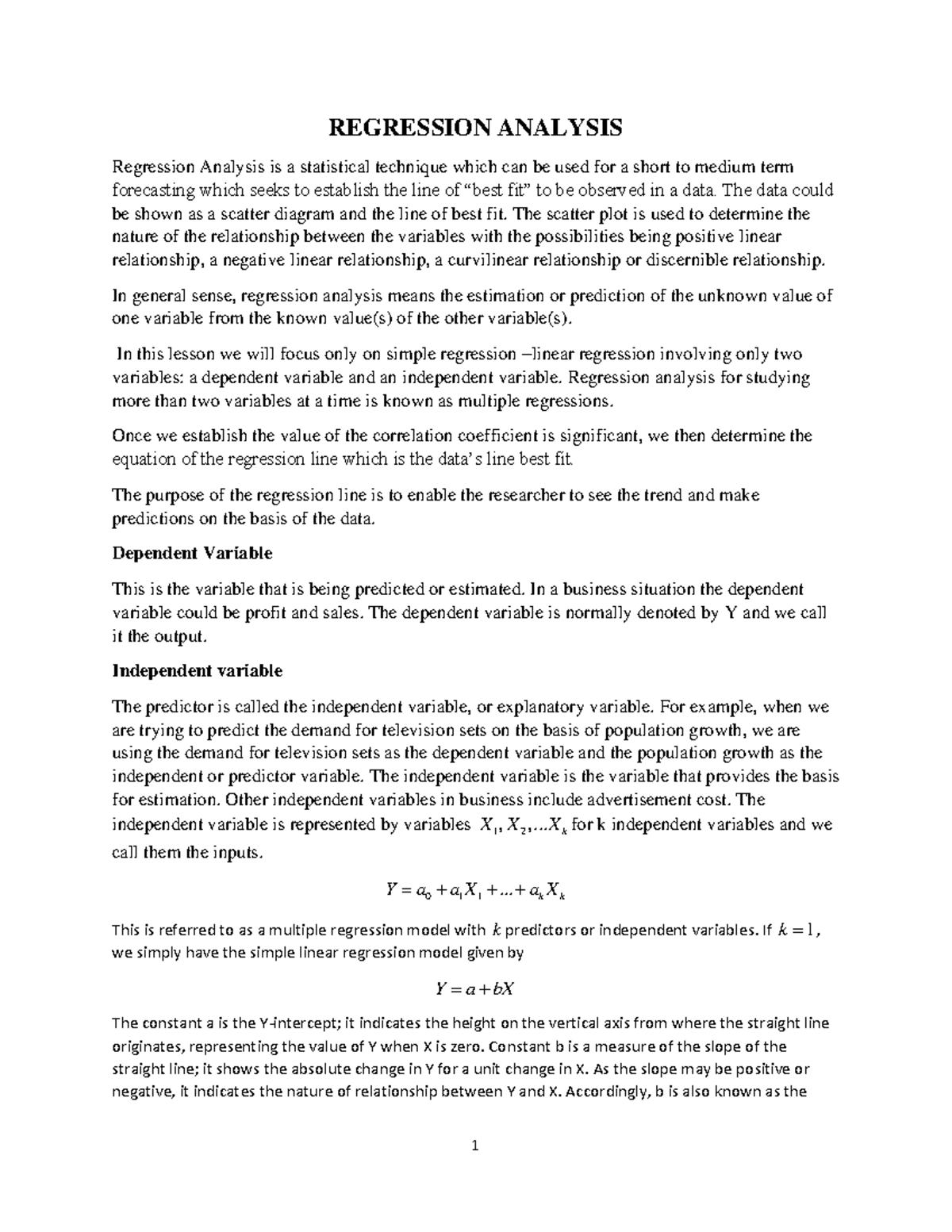 Regression Analysis - SHORT NOTES - REGRESSION ANALYSIS Regression ...