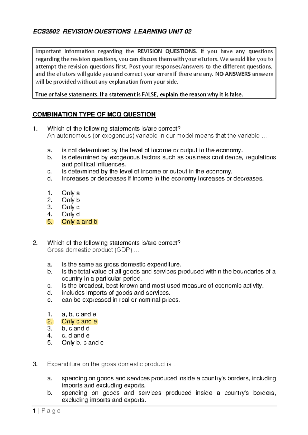 ECS2602- Learning UNIT 02 Revison Q & A - ECS2602_REVISION QUESTIONS ...