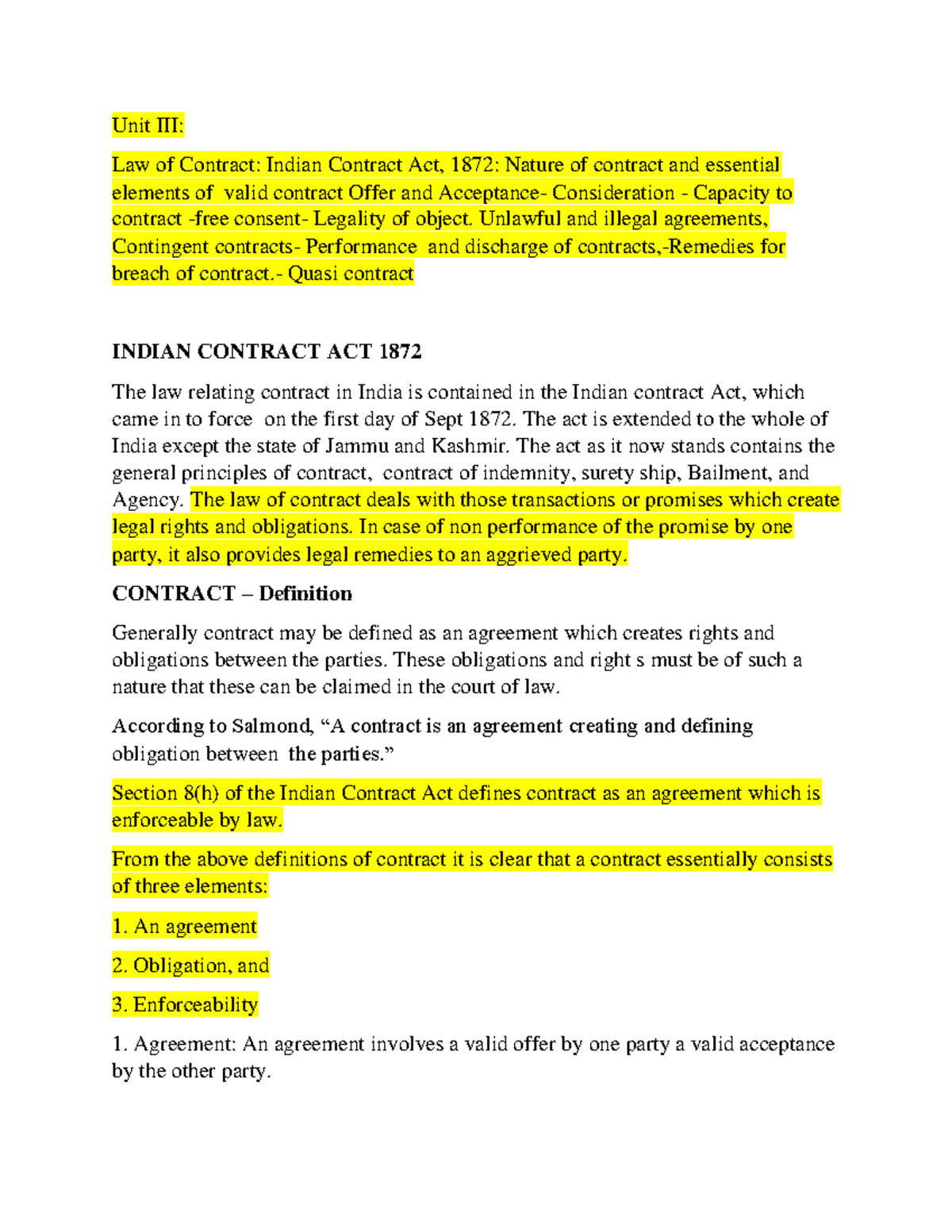 M3 Complete - Lecture notes - Unit III: Law of Contract: Indian ...