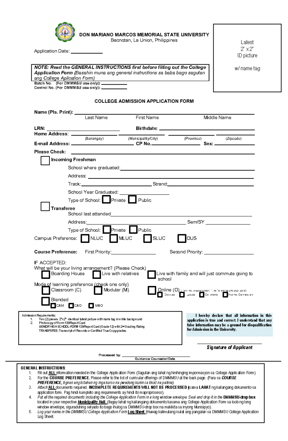 2021 Cat application form for college - Latest 2” x 2” ID picture w ...