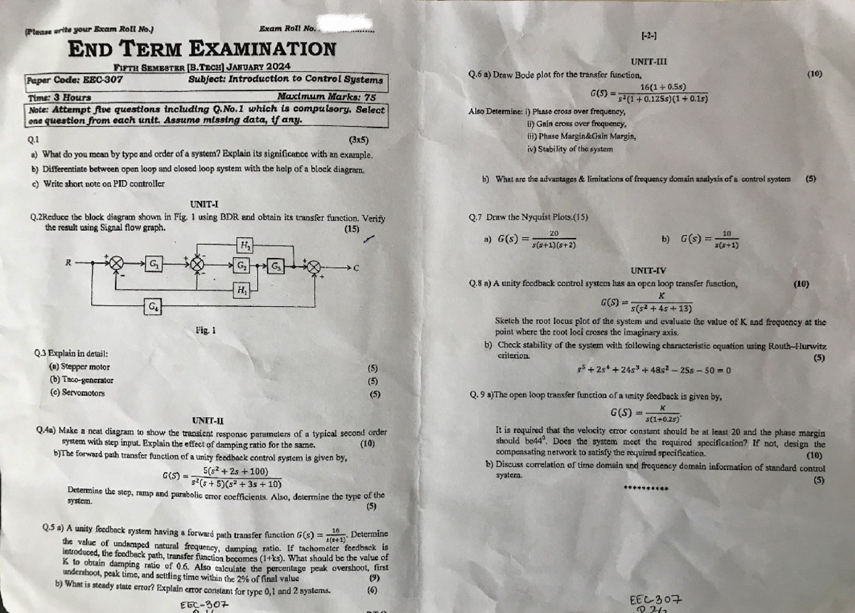 end sem 2024 Introduction to Control Systems - (Please write your Exam Roll No.) Exam Roll No ...