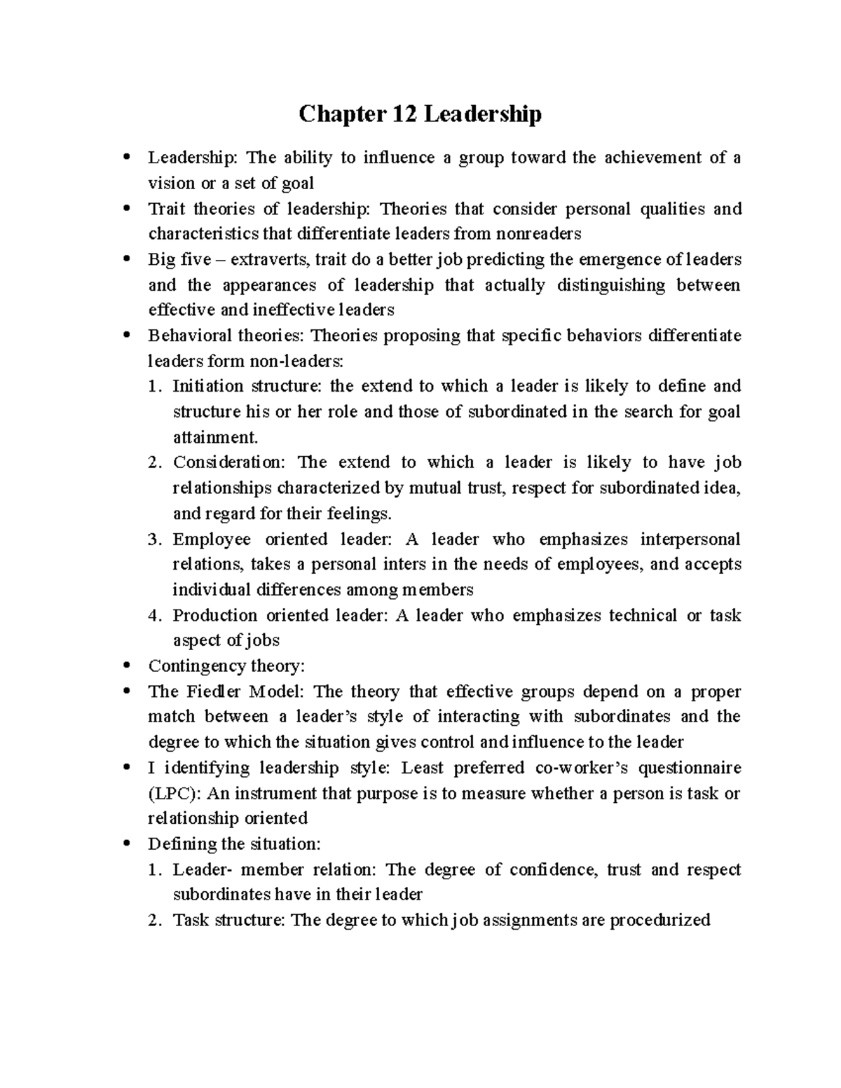 Ob summary chp 12 - Organizational Behavior - Chapter 12 Leadership ...