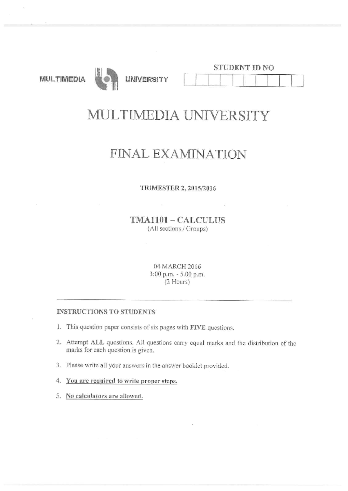 Calc past year - CALCULUS PAST YEAR - STUDENT ID NO MULTIMEDIA ...