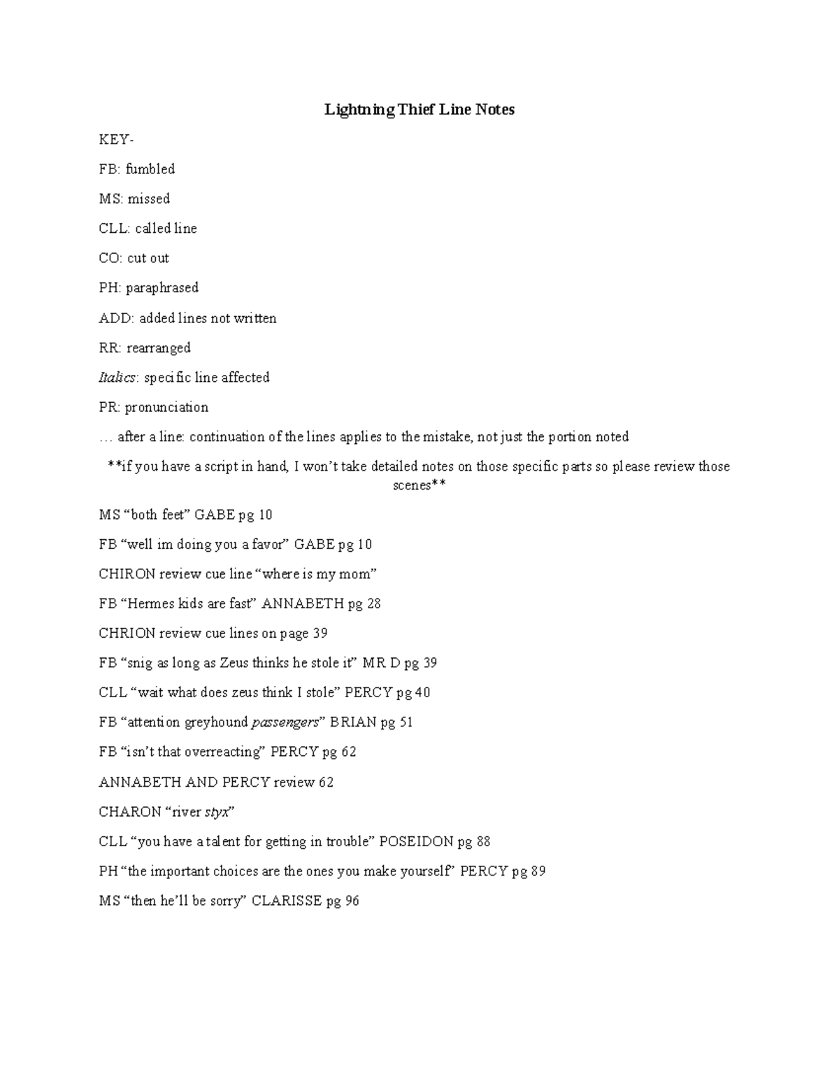 LT Line Notes 01 - Rehearsal Report - Lightning Thief Line Notes KEY ...