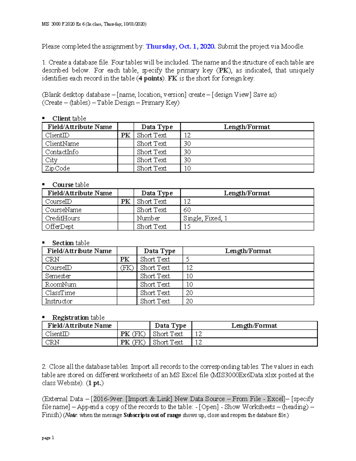 MIS 3000- Ex 6 Proj Sample - MIS 3000 F 2020 Ex 6 (In class, Thursday ...