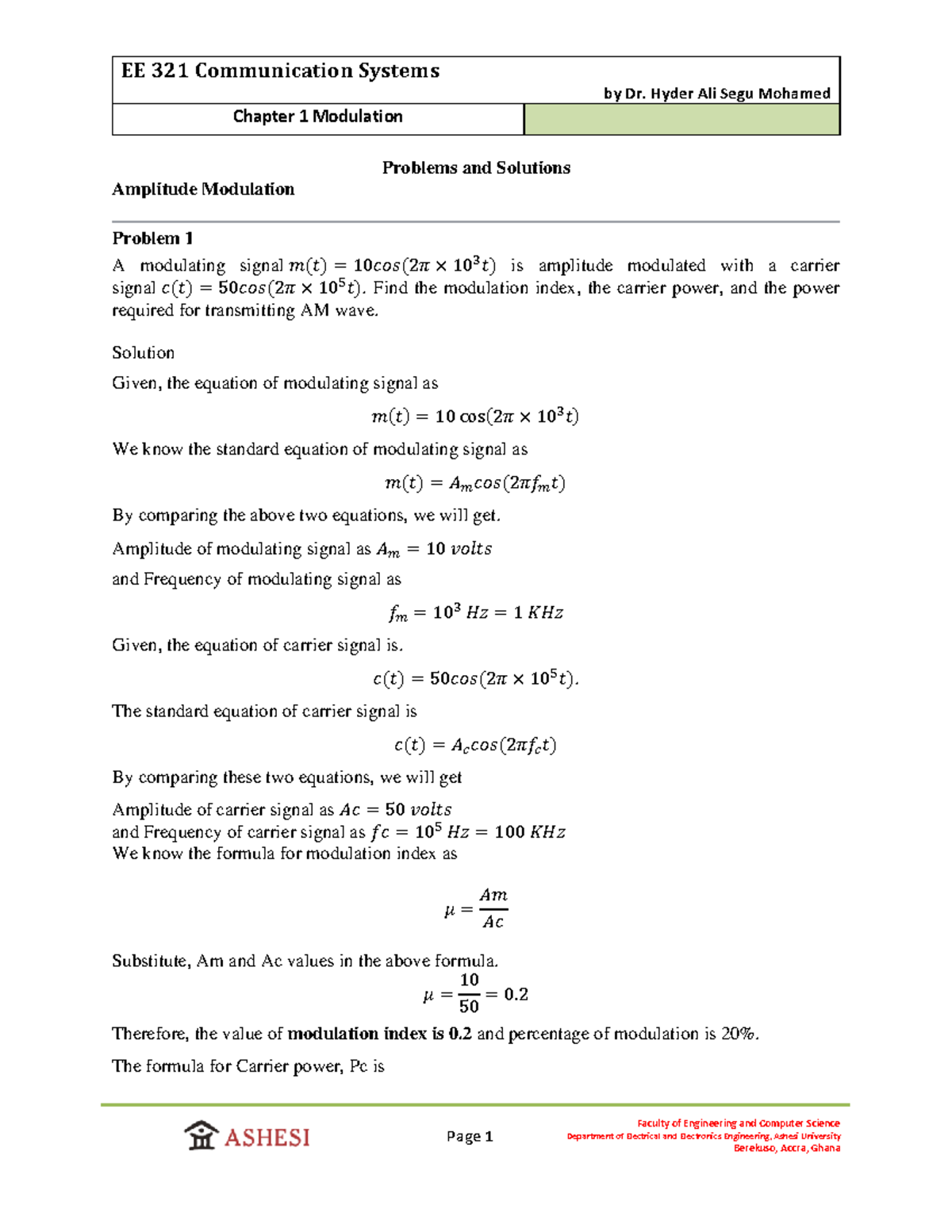 Chapter 1 Modulation Problems and Solutions - by Dr. Hyder Ali Segu ...