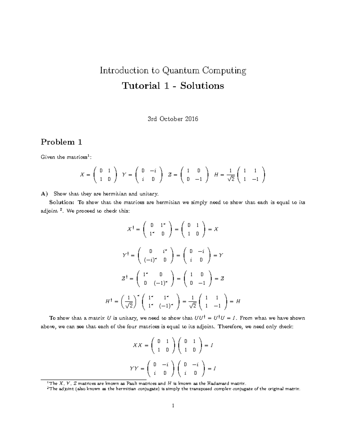 Tutorial 1Sol - Introduction to Quantum Computing Tutorial 1 ...