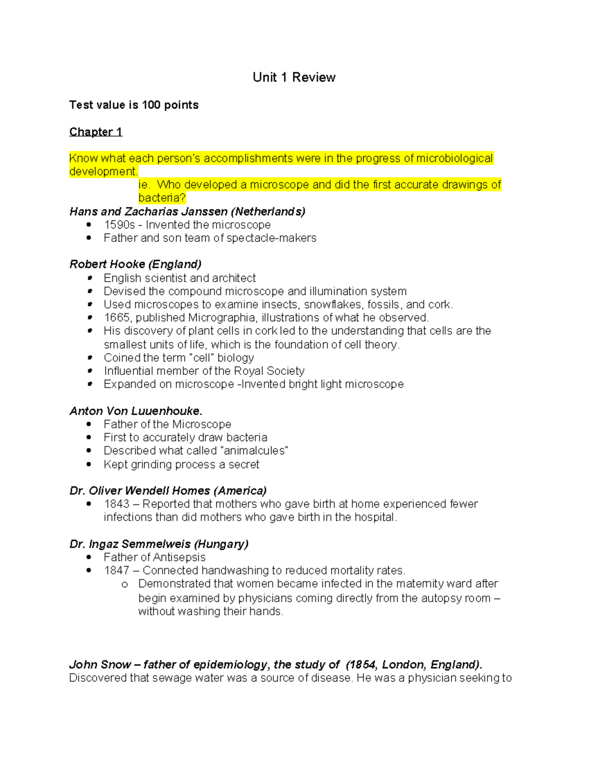 Unit 1 Study Guide - Unit 1 Review Test value is 100 points Chapter 1 ...