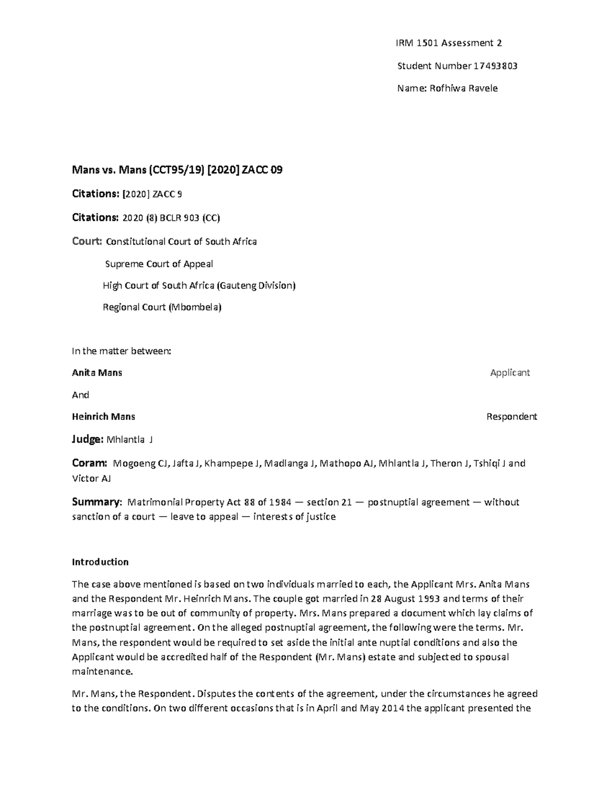 IRM Assignement 2 - Student Number 17493803 Name: Rofhiwa Ravele Mans ...