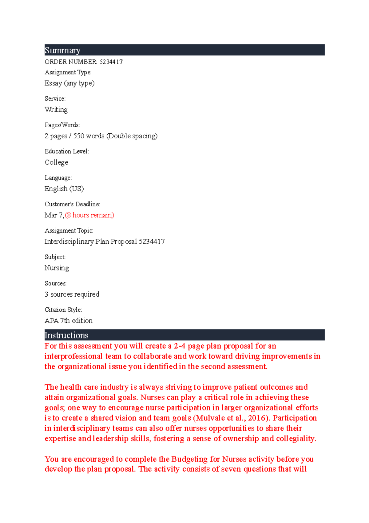 Interdisciplinary Plan Proposal - Summary ORDER NUMBER: 5234417 ...