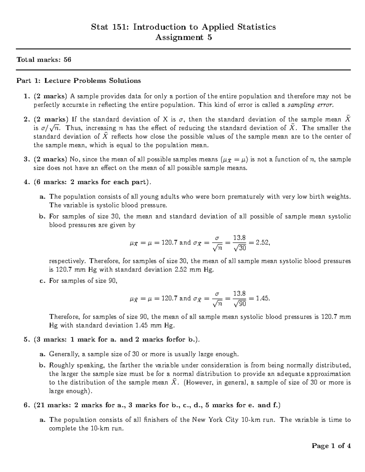 Stat151 Assignment 5 Solutions Stat 151 Introduction To Applied Statistics Assignment 5 Total