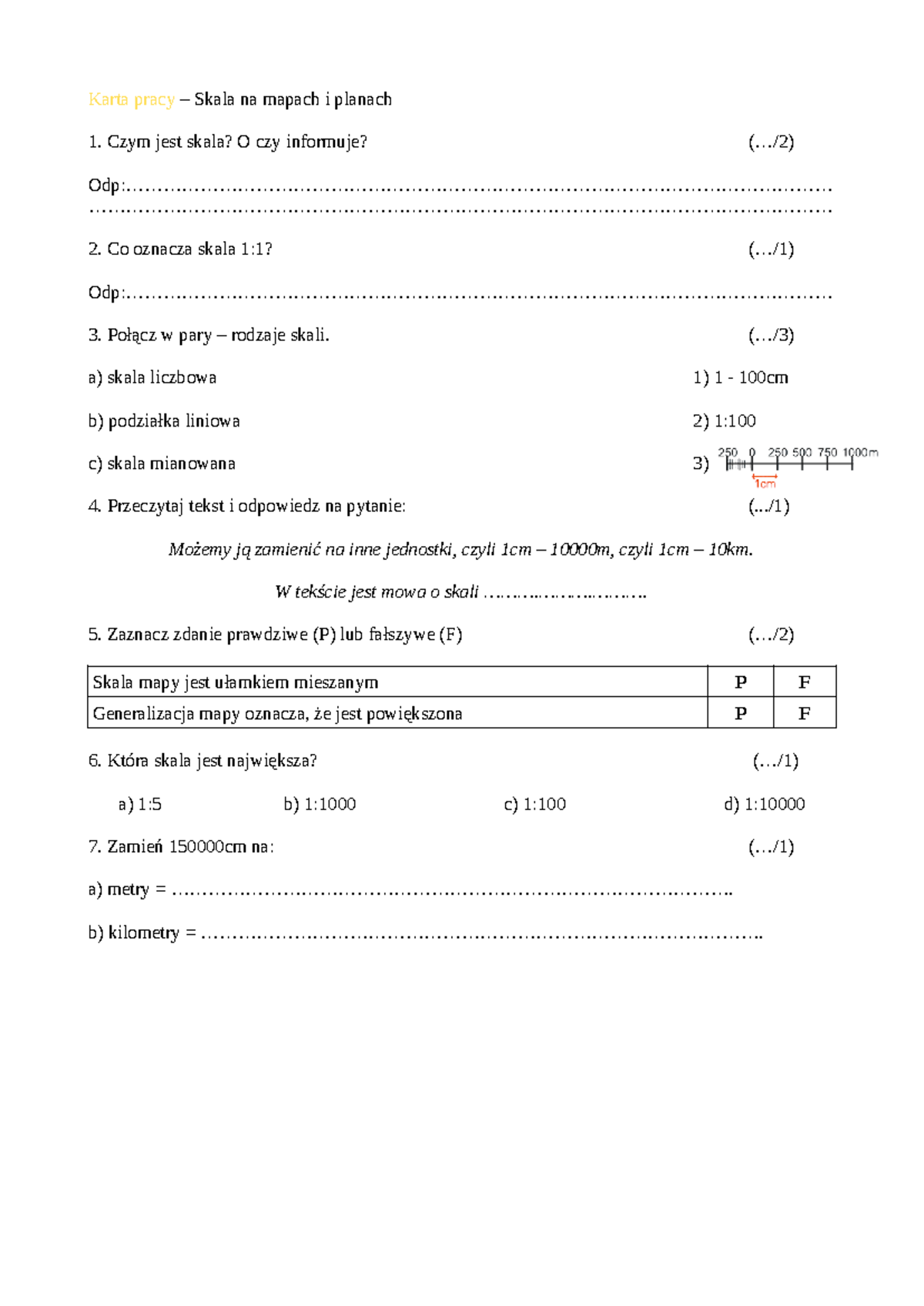 Skala na mapach i planach - Karta pracy – Skala na mapach i planach ...