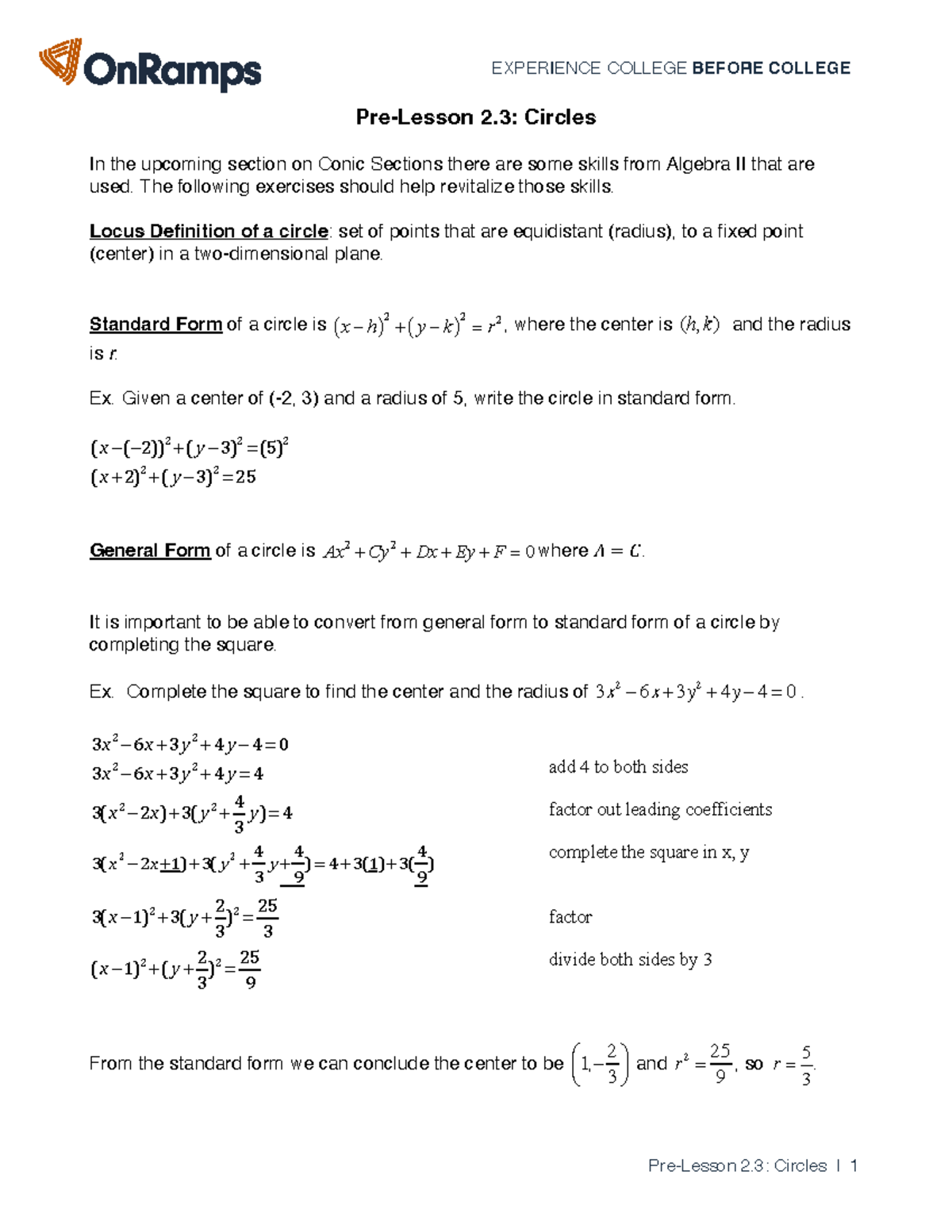 HW 2.3 Pre-Lesson Circles - Pre-Lesson 2: Circles | 1 EXPERIENCE ...