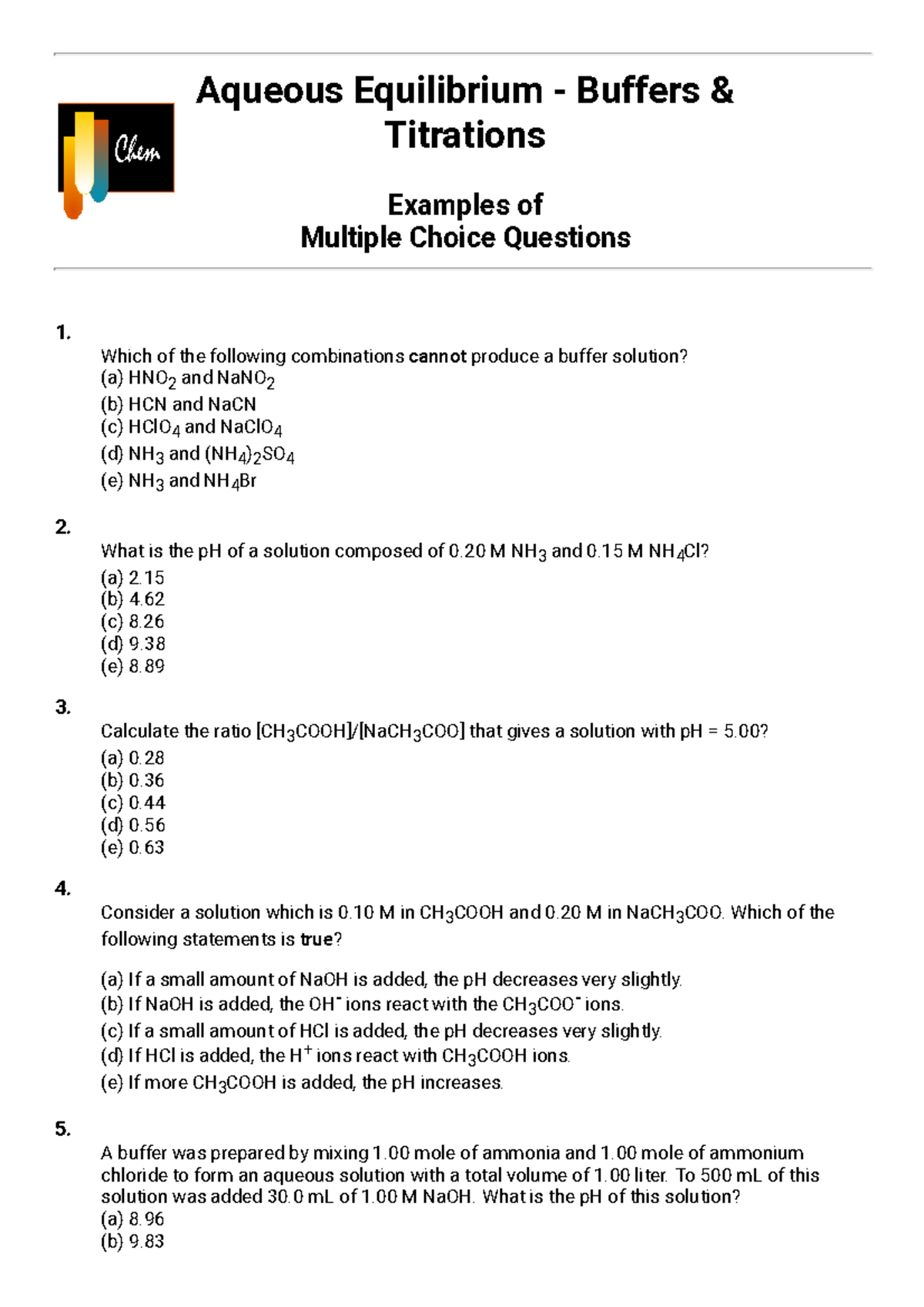 Default - Chapter 076 - Guyton mcq - Aqueous Equilibrium - Buffers & Titrations Examples of ...