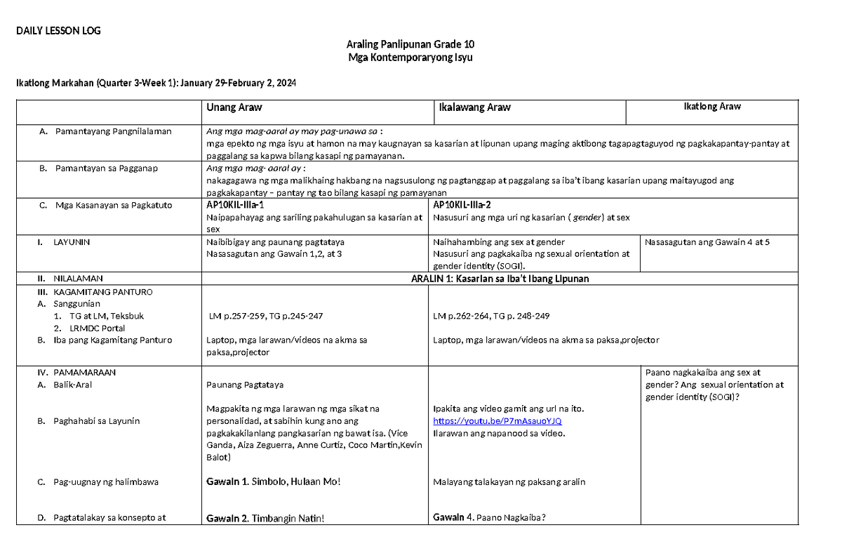 Dll ap10 q3 2024 - lesson log - DAILY LESSON LOG Araling Panlipunan ...