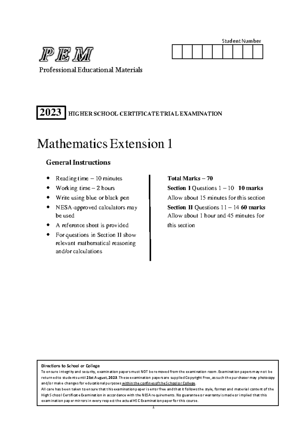 PEM 2023 Mathematics Extension 1 Trial HSC Examination - Student Number ...