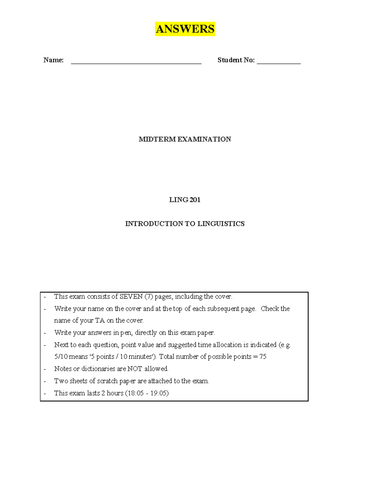 Sample/practice exam 2007, questions and answers - Name