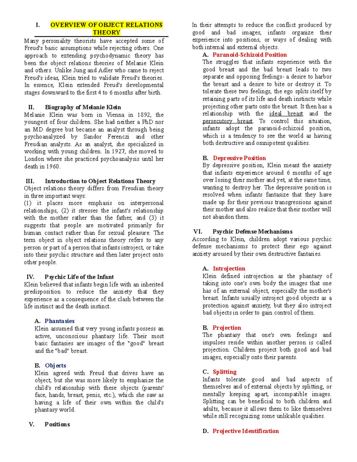 Overview OF Object Relations Theory Notes - I. OVERVIEW OF OBJECT ...