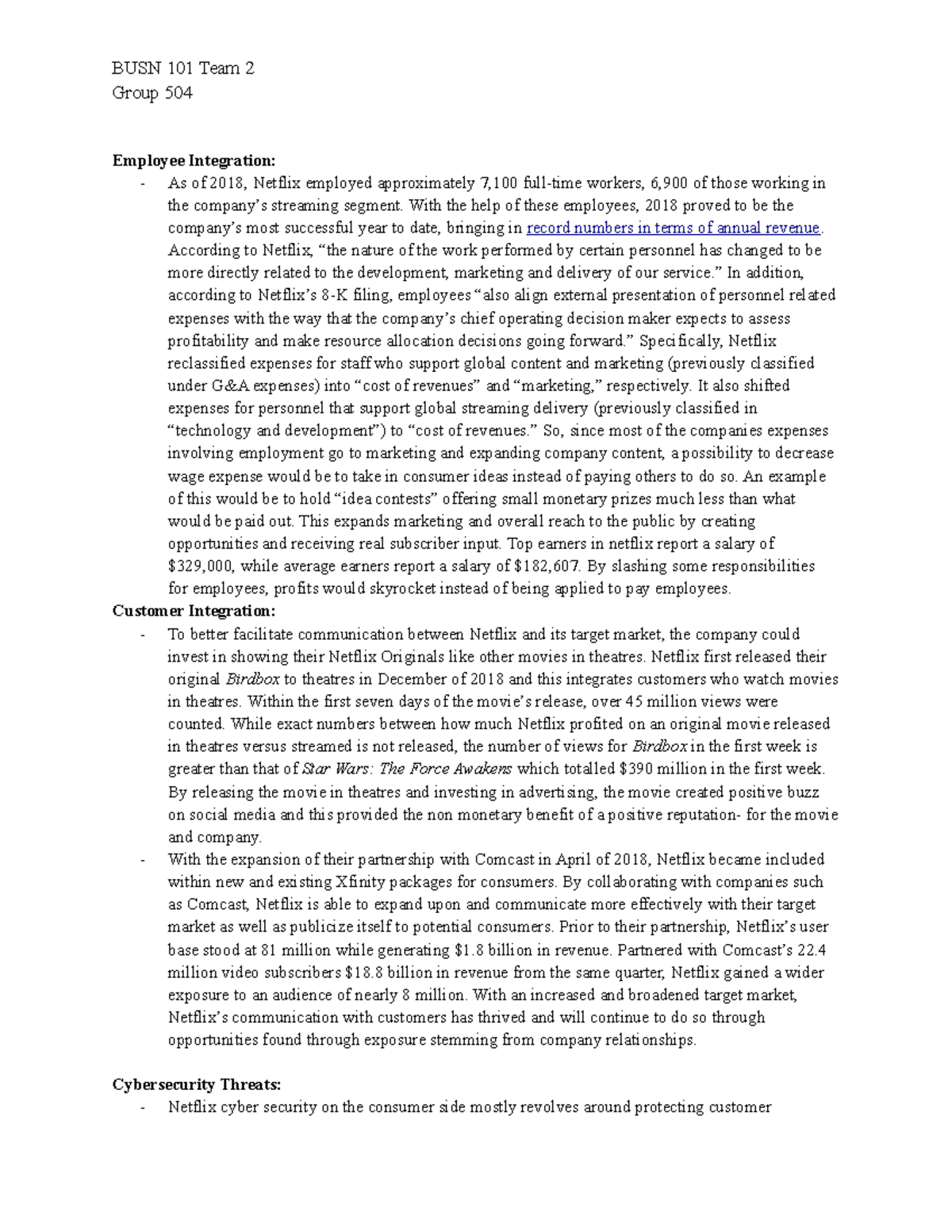 FBI Deliverable 2 BUSN 101 - BUSN 101 Team 2 Group 504 Employee ...