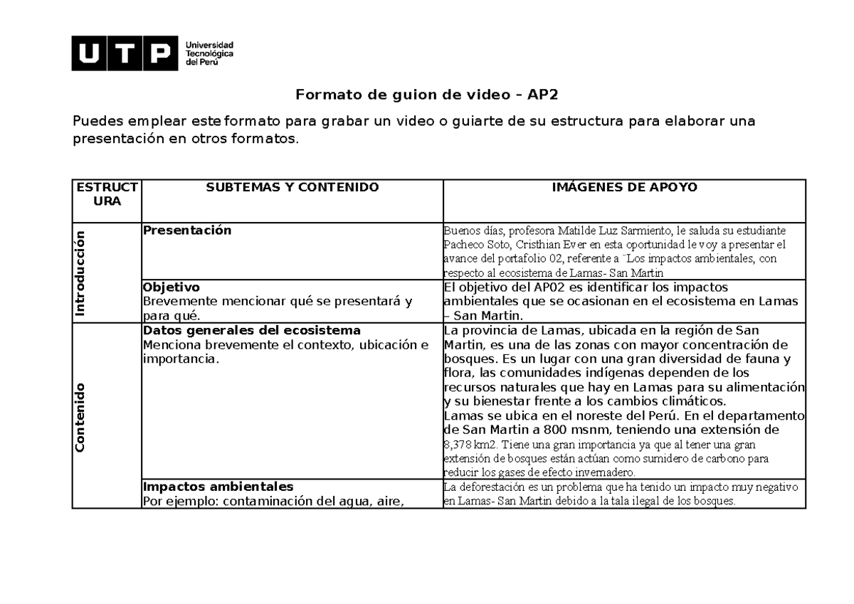 Tarea medio ambiente - Formato de guion de video – AP Puedes emplear ...