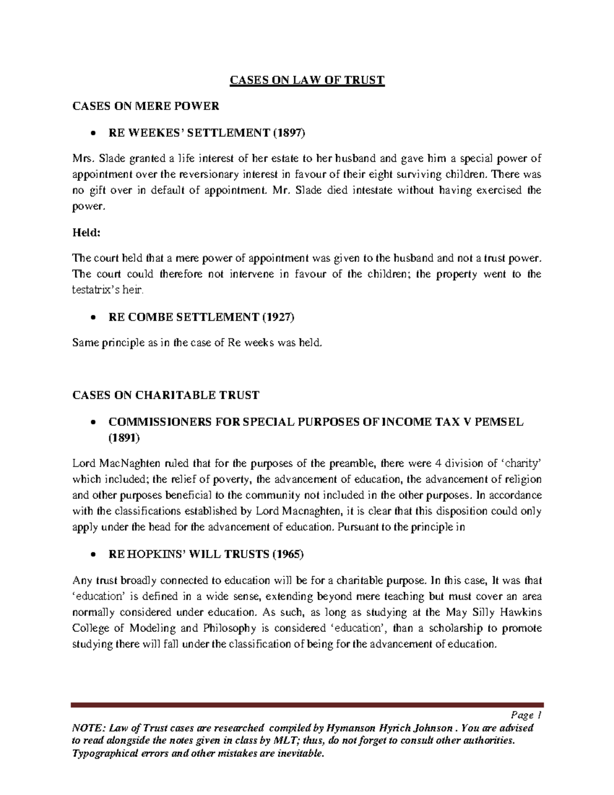 Cases ON LAW OF Trust-1 - Analysis - Page 1 NOTE: Law of Trust cases ...