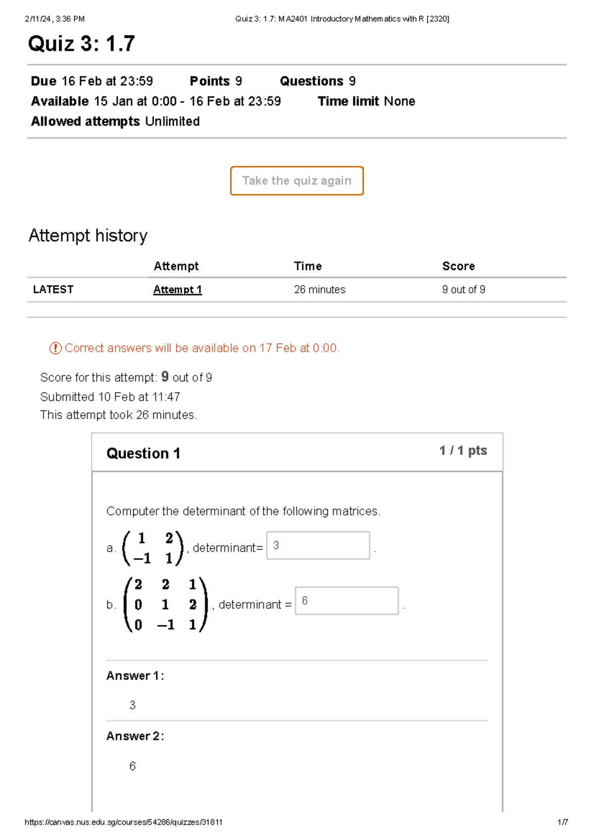 Quiz 3 Solutions - Quiz 3: 1. Due 16 Feb at 23:59 Points 9 Questions 9 ...