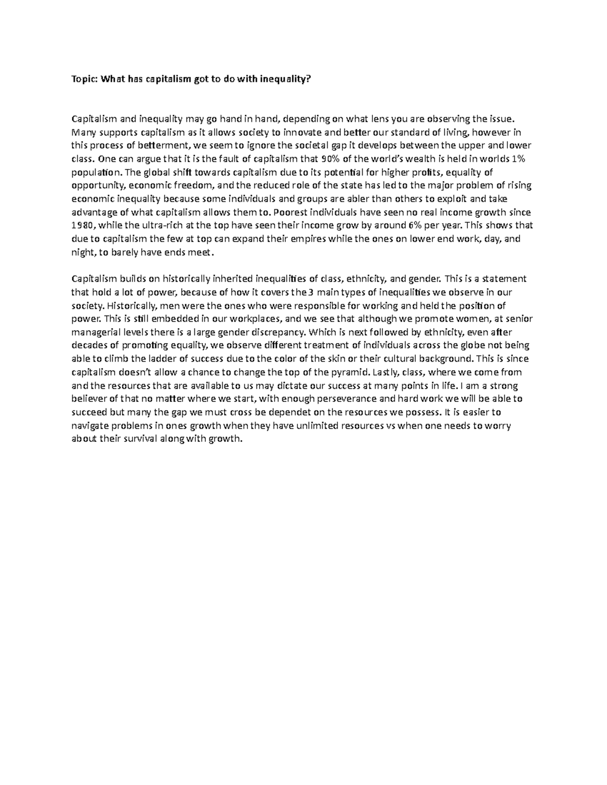 Short Essay 1: for unit 3 from econ 330 - Topic: What has capitalism ...